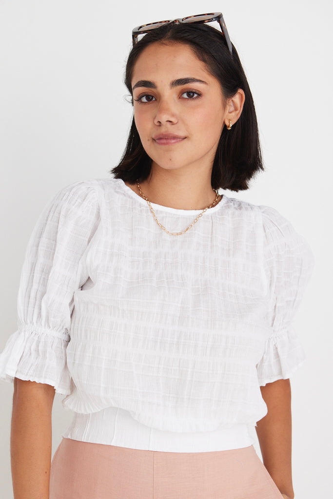 Shop Lovely White Shirred Cotton Stretch Back SS Top | Flo & Frankie