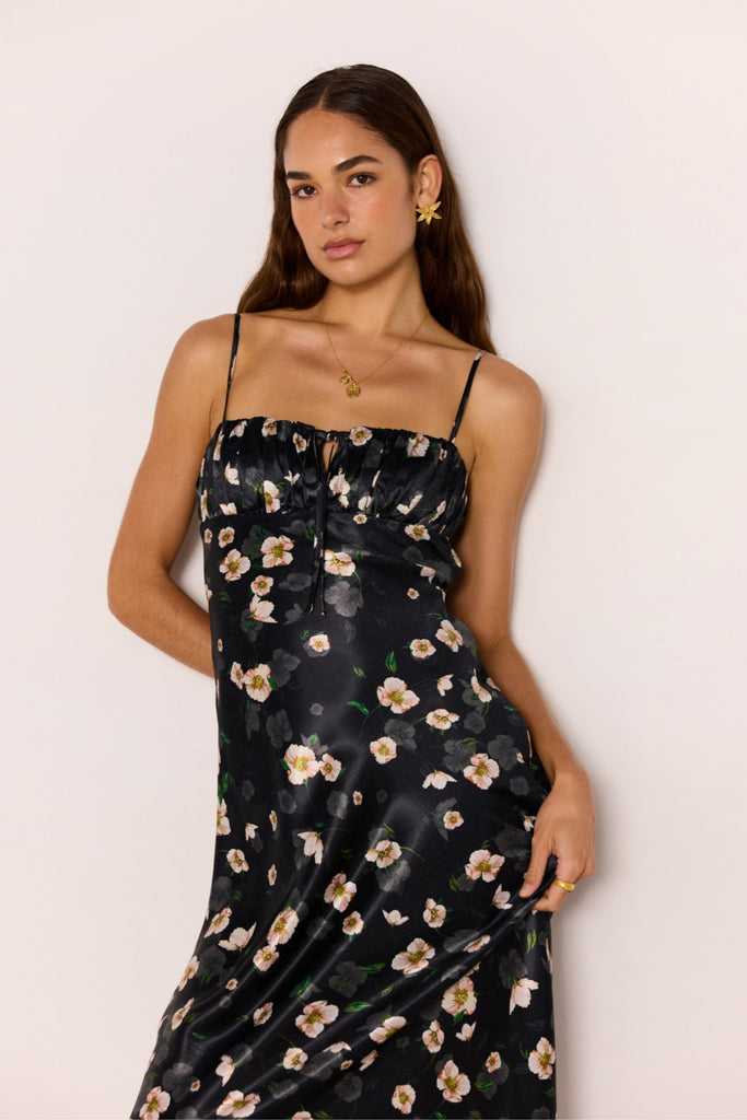 Shop Elinor Black Floral Satin Bias Strappy Midi Dress | Flo & Frankie