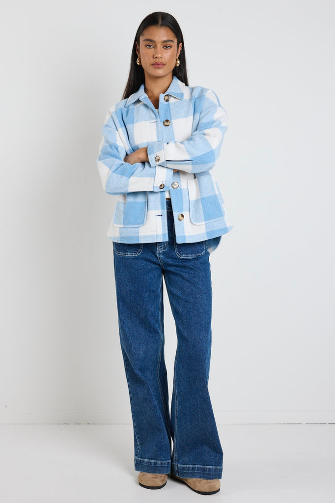 Shop Mindful Blue Check Oversized Shacket | Flo & Frankie
