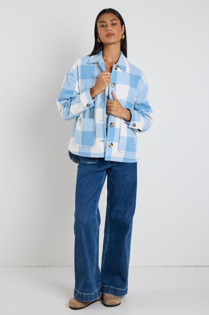 Shop Mindful Blue Check Oversized Shacket | Flo & Frankie