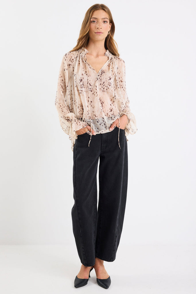 Shop Odyssey Beige Leopard Georgette Shirred Neck LS Top | Flo & Frank