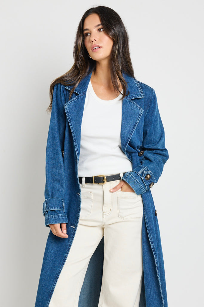 Shop Origin Storm Blue Denim Trench Coat | Flo & Frankie
