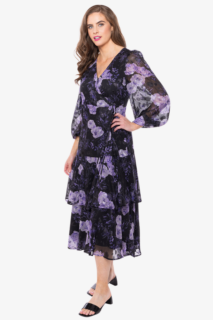 Shop Paradise Black Lilac Burnout Floral Wrap LS Midi Dress | Flo & Fr