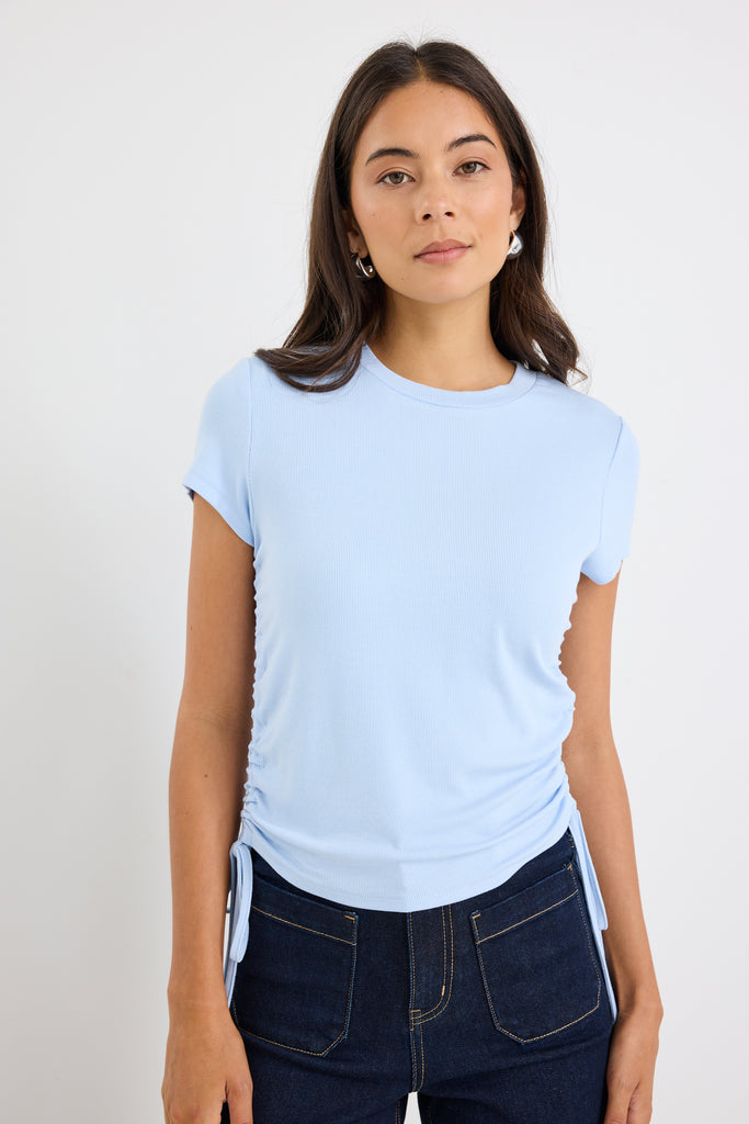 Shop Perfect Pale Blue Rib Rouched Side Crop Tee | Flo & Frankie