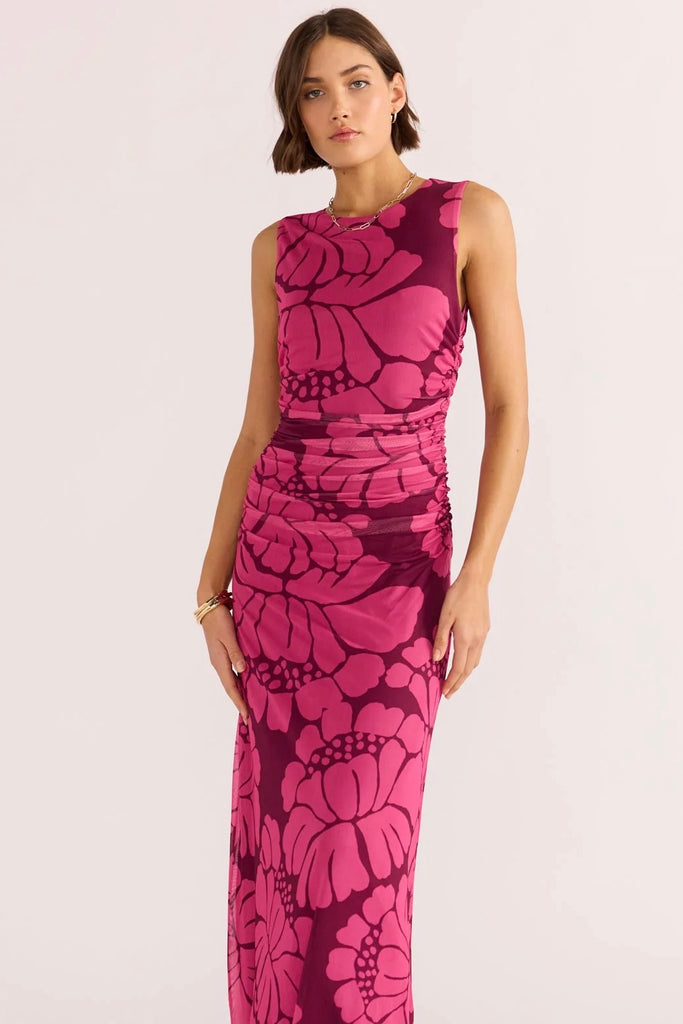 Shop Persephone Berry Floral Mesh Sleeveless Midi Dress | Flo & Franki
