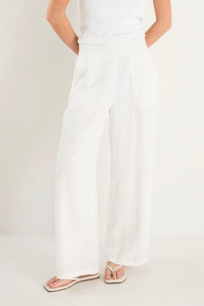 Shop Guardian White Linen Viscose Pleat Front Wide Leg Pant | Flo & Fr