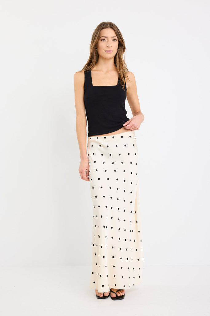 Shop Prodigy Cream Black Polka Dot Satin Bias Cut Midi Skirt | Flo & F