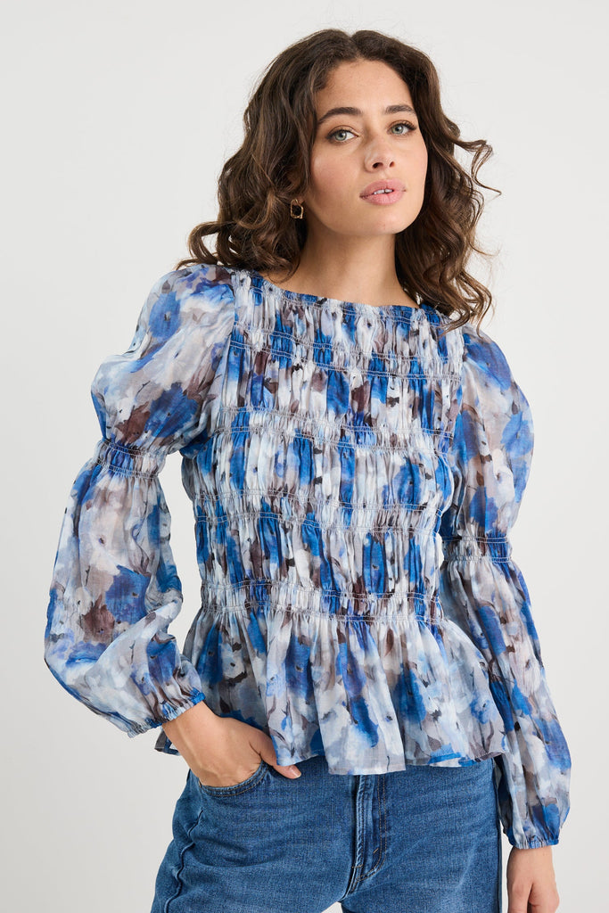 Shop Required Sky Blue Floral LS Shirred Bodice Top | Flo & Frankie