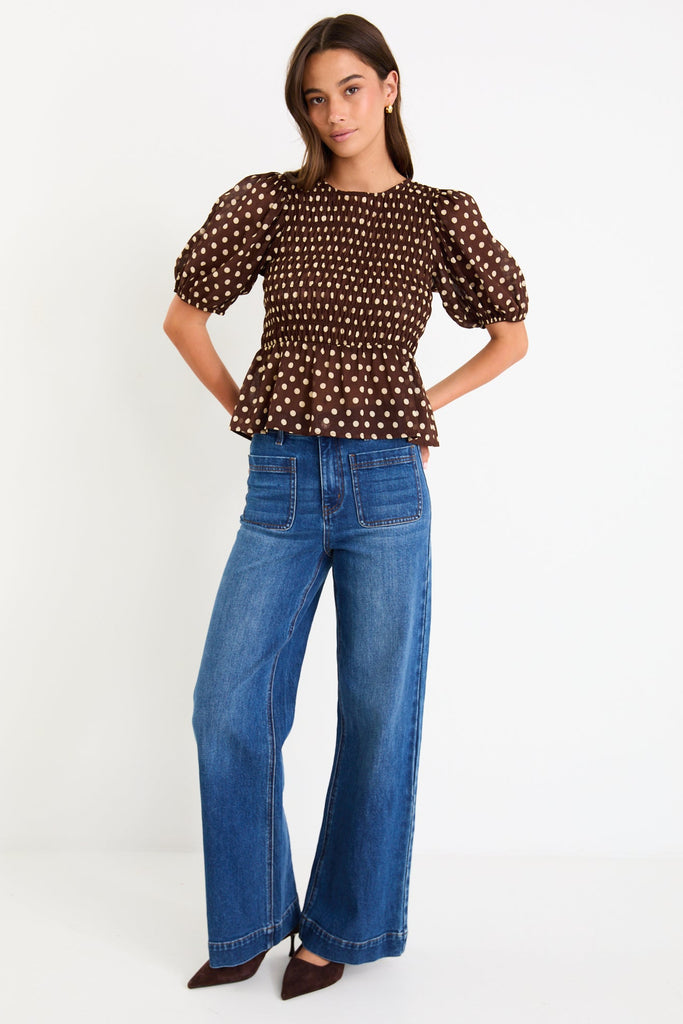 Shop Requite Chocolate Polka Dot Shirred Body SS Top | Flo & Frankie