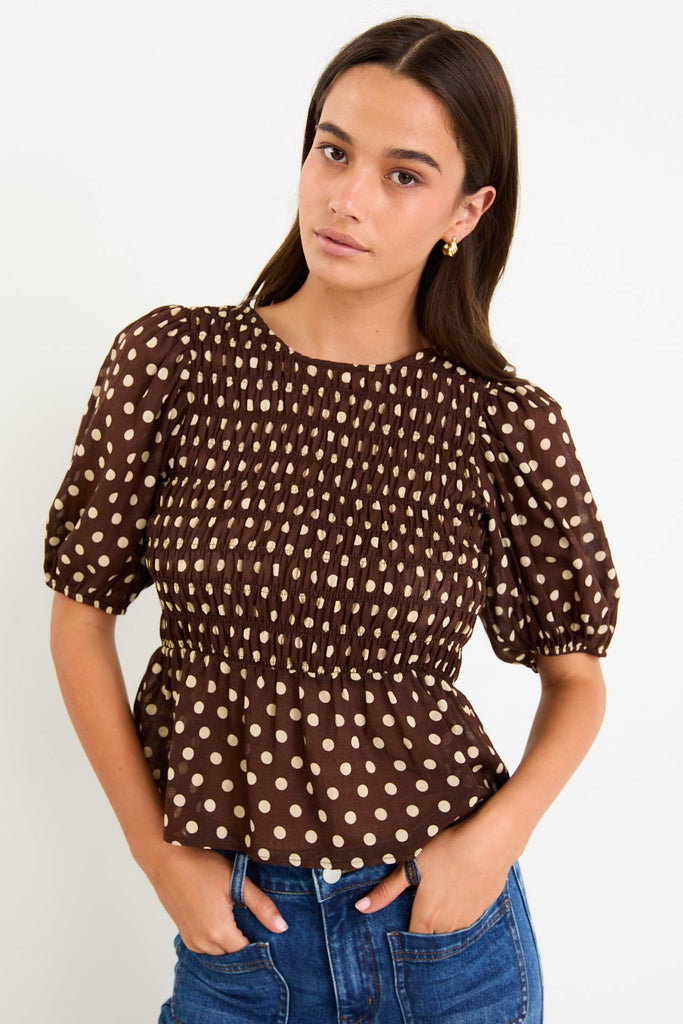 Shop Requite Chocolate Polka Dot Shirred Body SS Top | Flo & Frankie