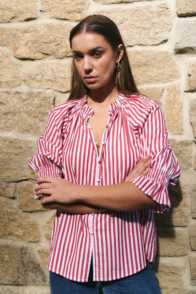 Shop Noetic Red Stripe Short Sleeve Blouse | Flo & Frankie