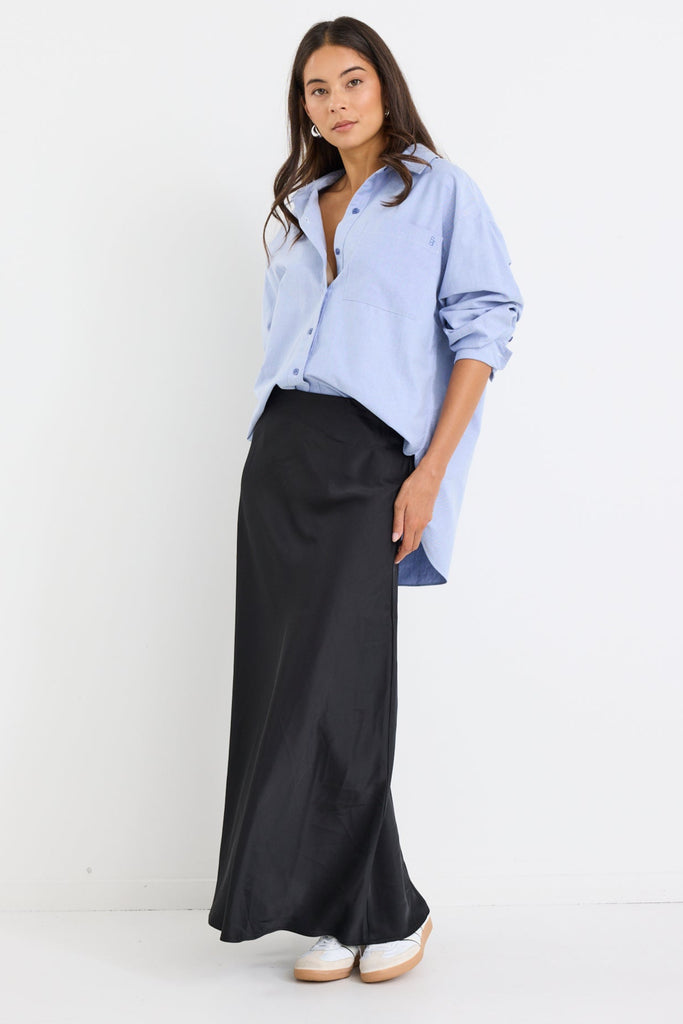 Shop Prodigy Black Satin Bias Maxi Skirt | Flo & Frankie
