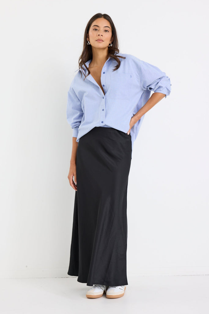 Shop Prodigy Black Satin Bias Maxi Skirt | Flo & Frankie