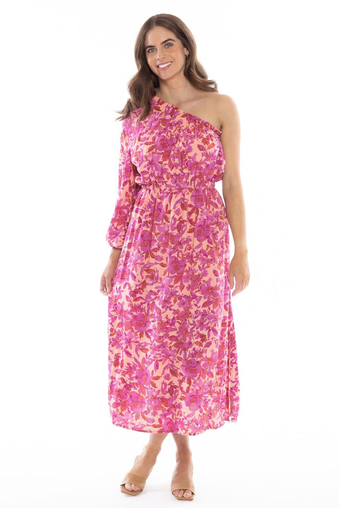 Shop Streamlined Bold Fuchsia Floral One Sleeve Midi Dress | Flo & Fra