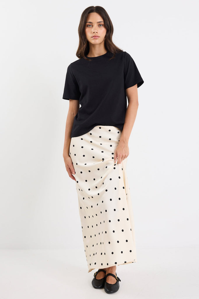 Shop Prodigy Cream Black Polka Dot Satin Bias Cut Midi Skirt | Flo & F