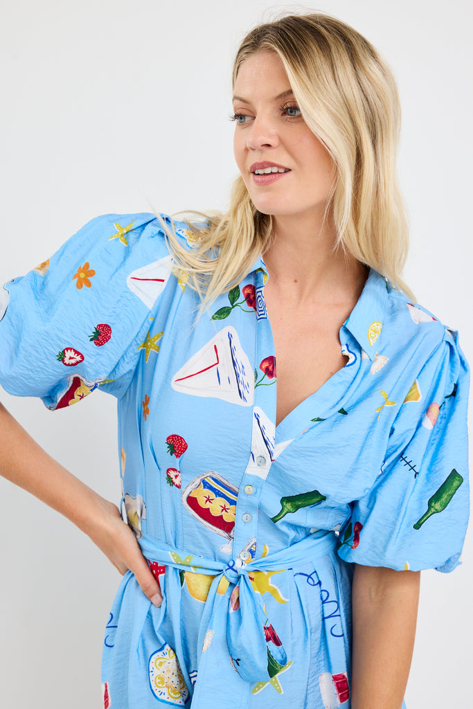 Shop Sundown Blue Holiday Puff Short Sleeve Mini Shirt Dress | Flo & F