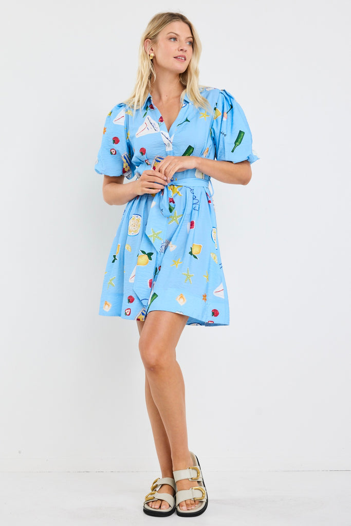 Shop Sundown Blue Holiday Puff Short Sleeve Mini Shirt Dress | Flo & F