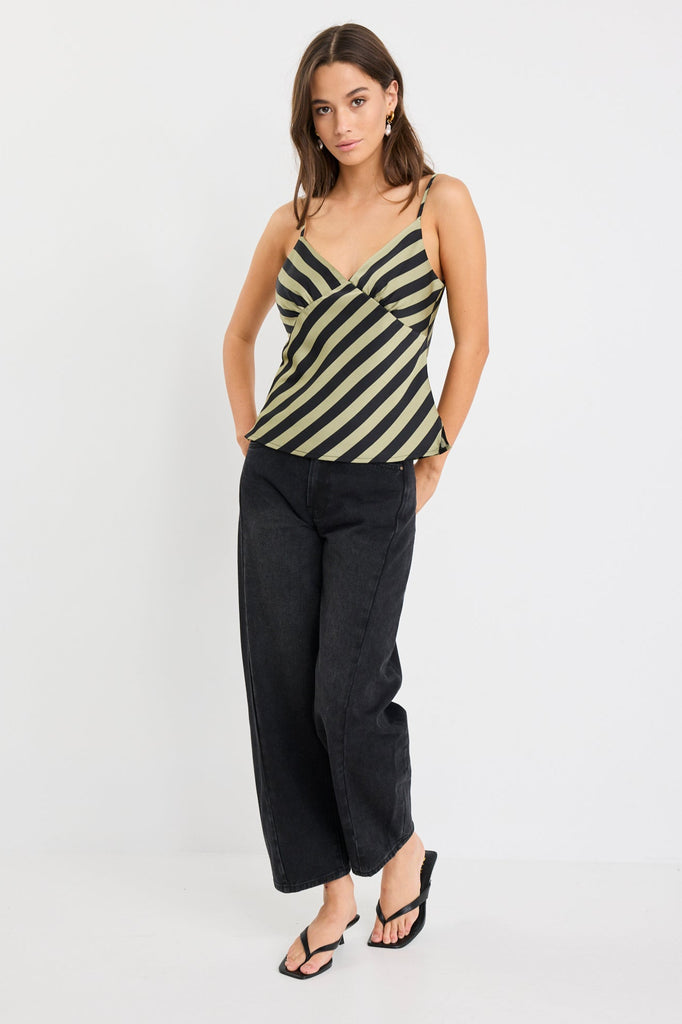 Shop Transcend Khaki Black Stripe Satin Bias Cami | Flo & Frankie