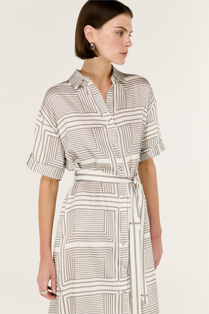Shop Siphon Geometric White Satin Twill Midi SS Shirt Dress | Flo & Fr
