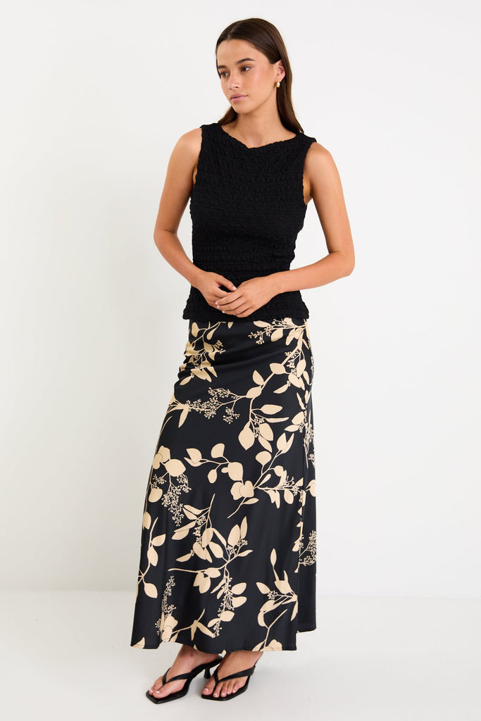 Shop Prodigy Black Beige Floral Satin Bias Cut Maxi Skirt | Flo & Fran