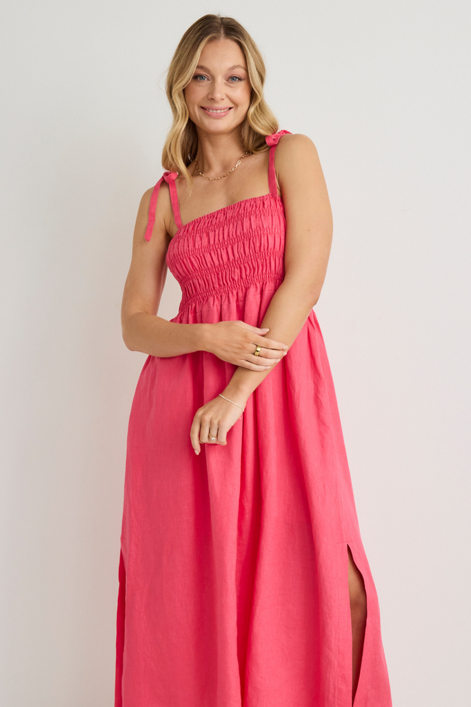 Shop Vacation Fuchsia Strappy Shirred Midi Dress | Flo & Frankie