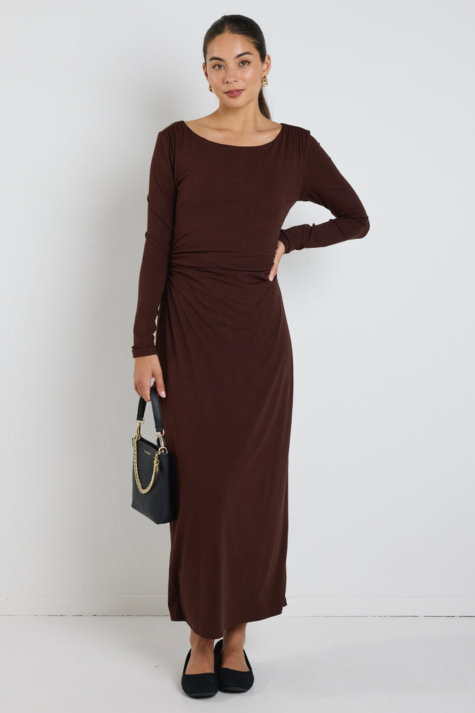 Shop Vertigo Dark Chocolate Jersey LS Midi Dress | Flo & Frankie