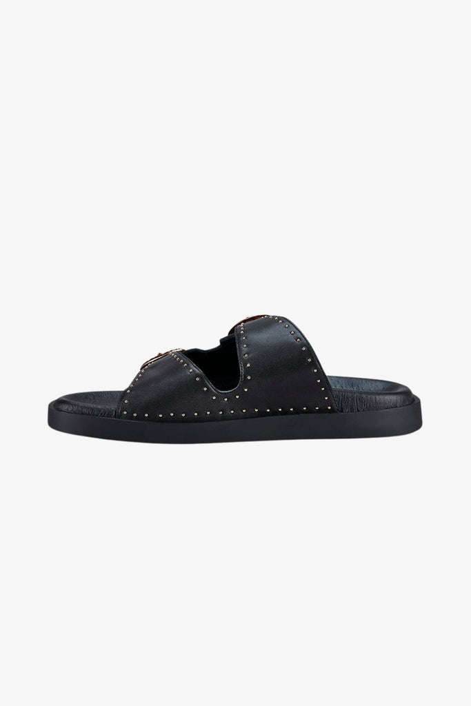 Shop Eastwood Black Studded Gold Buckle Slide | Flo & Frankie