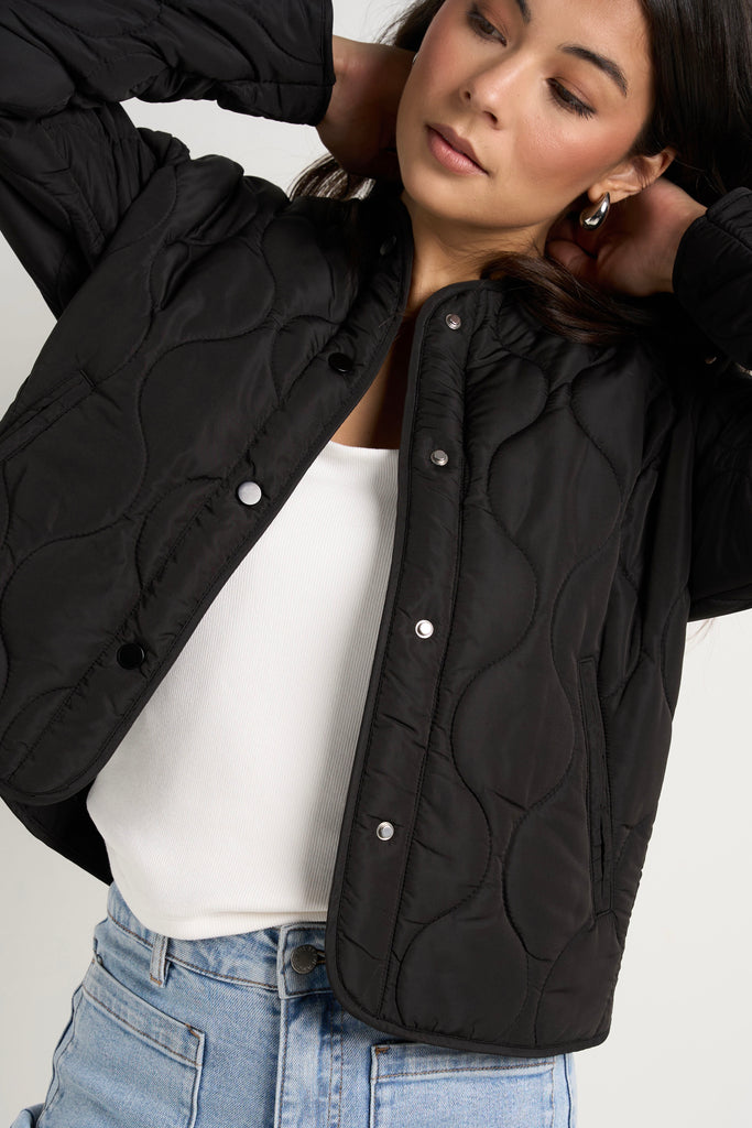 Shop Apex Black Collarless Quilted Puffer Jacket | Flo & Frankie