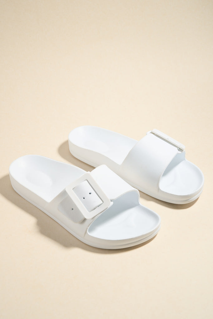 Shop Cool White Single Buckle Slides | Flo & Frankie