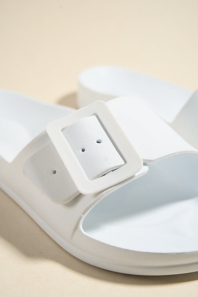 Shop Cool White Single Buckle Slides | Flo & Frankie