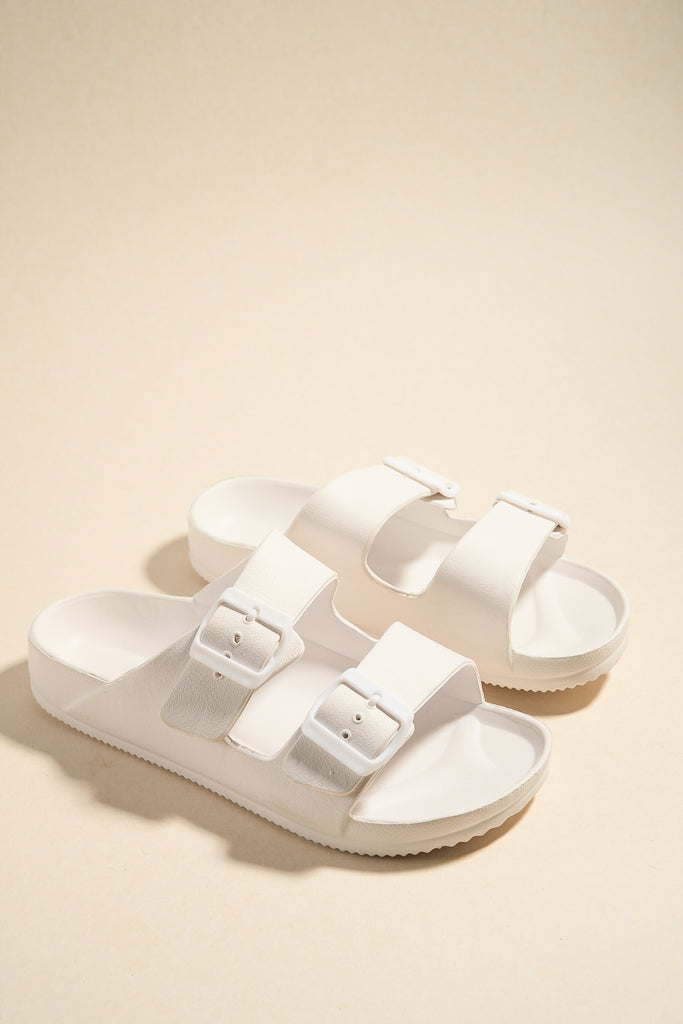Shop Cool White Double Buckle Slides | Flo & Frankie