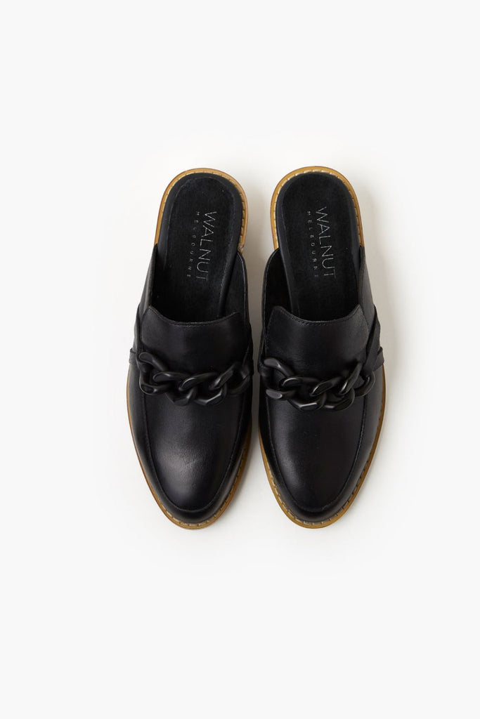 Shop Gabriel Black Leather Mule with Chain Detail | Flo & Frankie