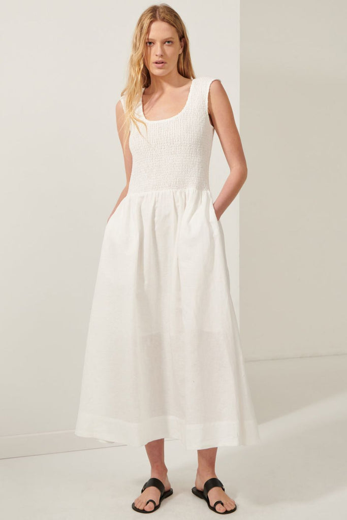 Shop Ivy White Tank Linen Shirred Midi Dress | Flo & Frankie