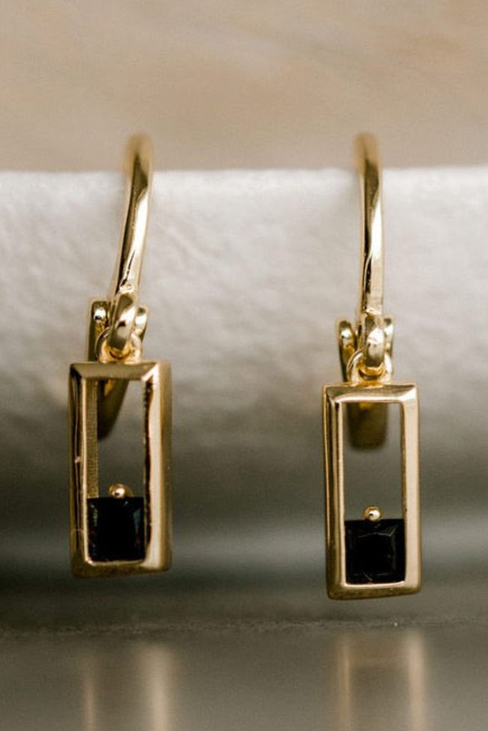 Shop Realm Gold Square Sleeper EOL Earring with Black Garnet | Flo & F